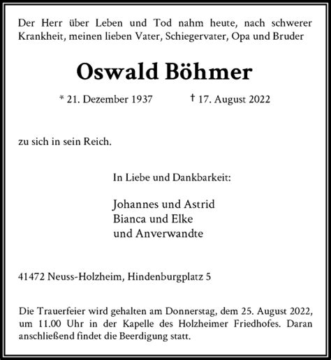 Alle Traueranzeigen F R Oswald B Hmer Trauer Rp Online De