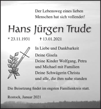 Traueranzeigen von Hans Jürgen Trude Trauer Nordkurier