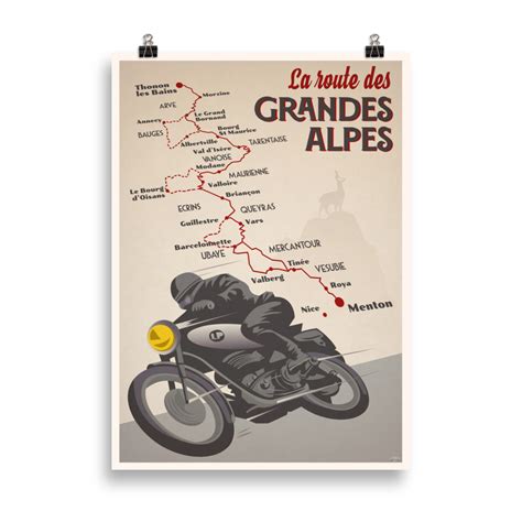 Poster Travel Vintage La Route Des Grandes Alpes Moto Affiche