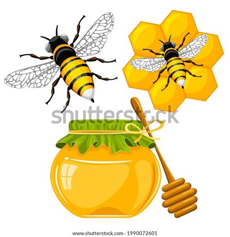 Set Cartoon Bee Honeycomb Honey Jar Stock Vector Royalty Free