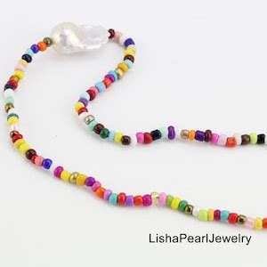 Rainbow Bead Necklace Large Freshwater Baroque Pearl And Colorful Bead