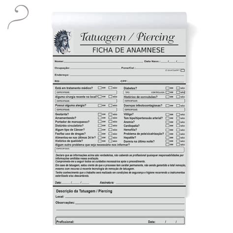 Bloco De Anamnese Ficha Checklist Para Studio De Tatuagem E Piercing