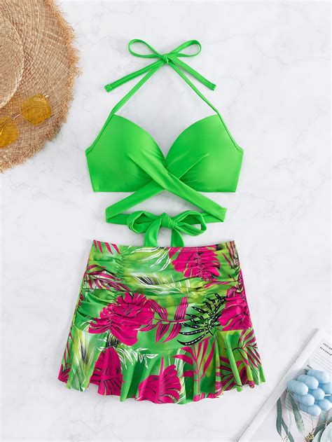 SHEIN Swim Vcay Bañador bikini Skort con estampado de planta cruzado