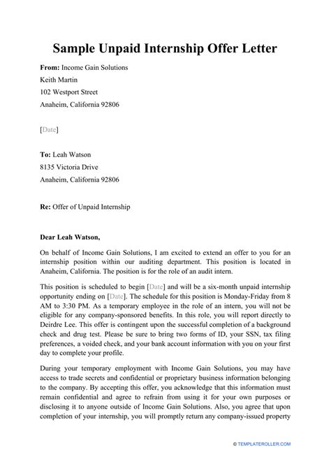 Internship Offer Letter Template Sample
