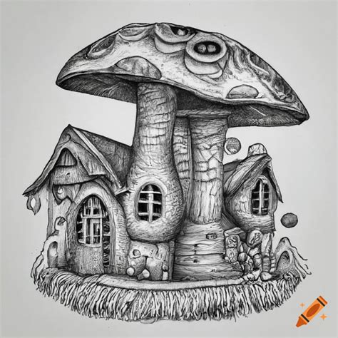 Pencil Drawing Of Mushrooms Around A Fairytale Cottage