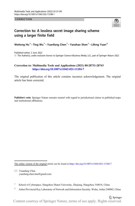 correction to a lossless secret image sharing scheme using a larger finite field request pdf