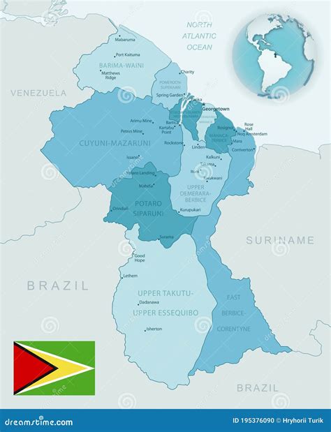 Mapa Detallado De Las Divisiones Administrativas De Guyana Con Bandera