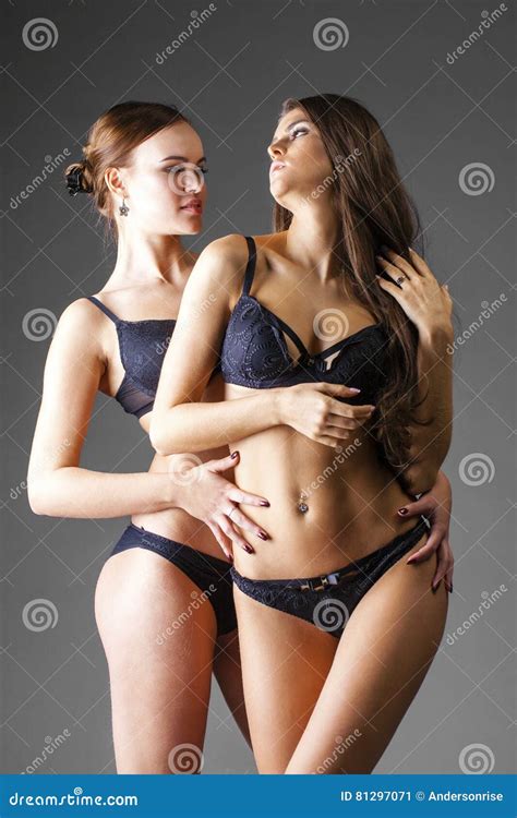 Fashion Models With Long Dark Hair In Black Lingerie Stock Image Image Of People Glamour