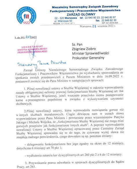 Pismo Zarządu Głównego NSZZFiPW skierowane do Ministra Sprawiedliwości