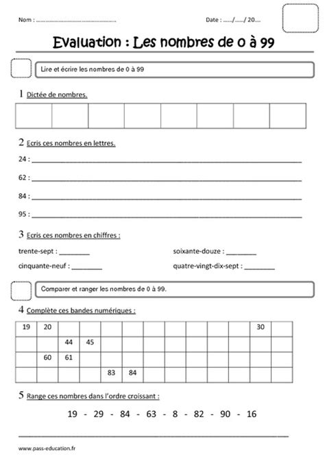 Nombres de 0 à 99 Ce1 Evaluation Pass Education