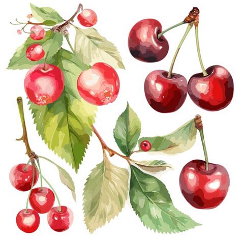 Un Conjunto De Ilustraciones En Acuarela De Cerezas Jugosas Bayas De
