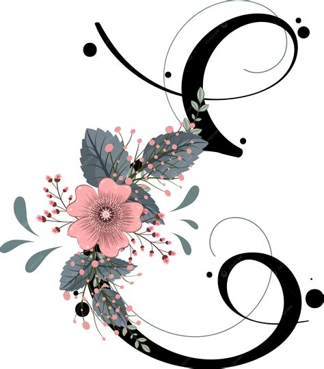Letra Del Alfabeto E Letras A Mano Con Flores Y Hojas Vintage PNG