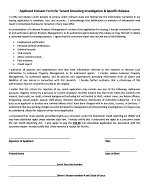 Fillable Online Applicant Consent Form For Tenant Screening