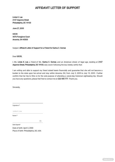 Uscis Affidavit Letter Sample