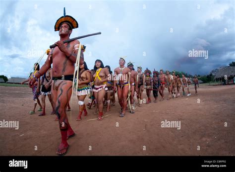 Traditional Dance By Xingu Indians In The Amazone Brazil Stock Photo