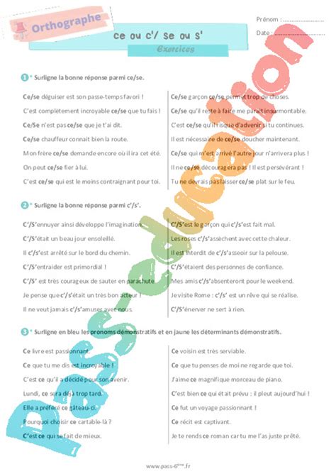 Homophones Grammaticaux Ce Ou C Se Ou S Exercices D Orthographe