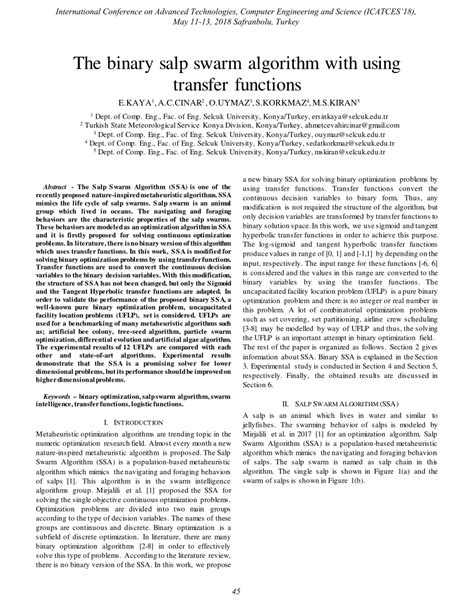 pdf the binary salp swarm algorithm with using transfer functions
