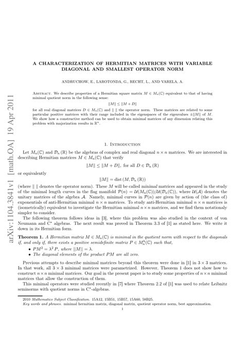 pdf a characterization of hermitian matrices with variable diagonal and smallest operator norm