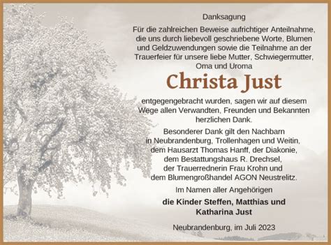 Traueranzeigen Von Christa Just Trauer Nordkurier