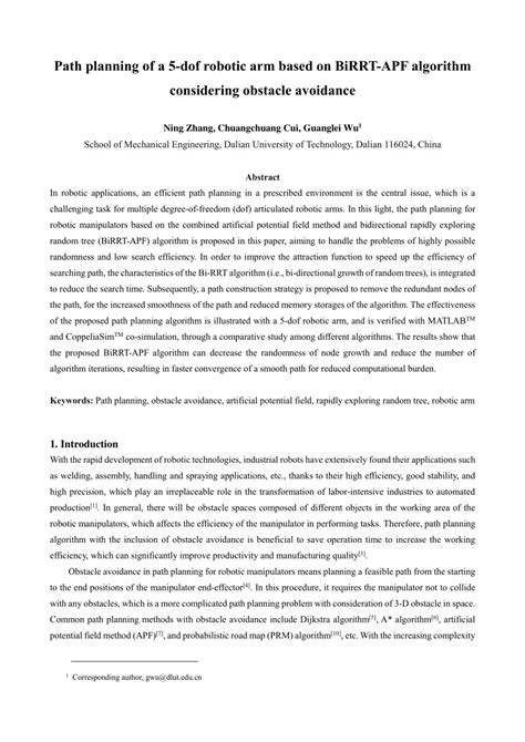 pdf path planning of a 5 dof robotic arm based on birrt apf algorithm considering obstacle