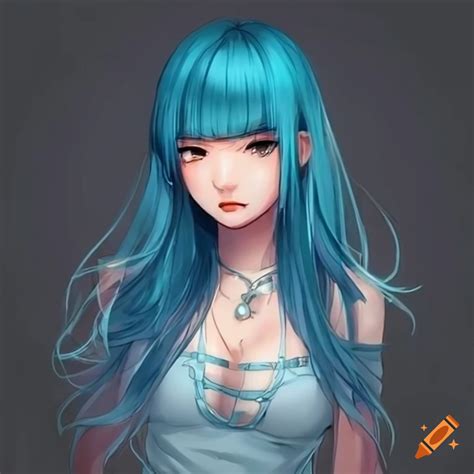 Anime Girl With Blue Hair And Bangs On Craiyon