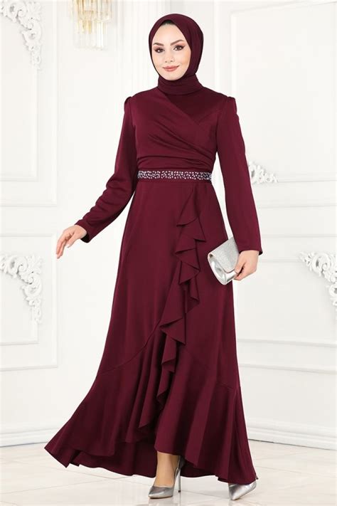 Eteği Volanlı Tesettür Abiye ASM2497 Bordo Moda Selvim