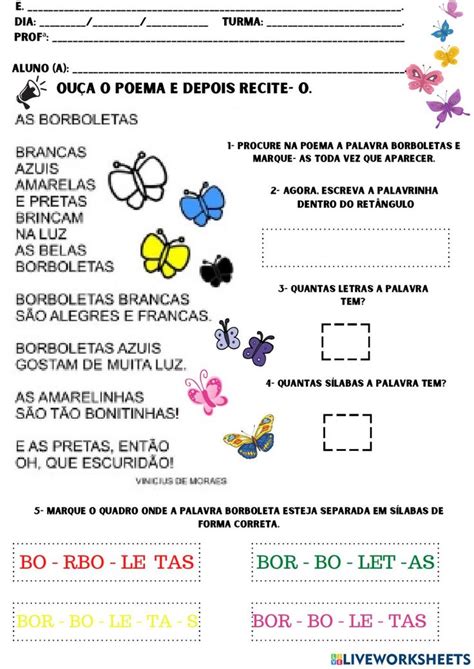 Poema As Borboletas Vinicius De Moraes Worksheet Ortograf A Poemas