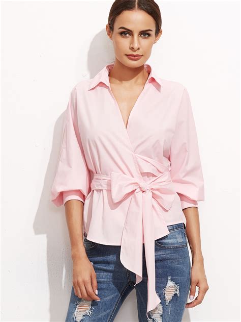 Pink Surplice Wrap Blouse SheIn Sheinside