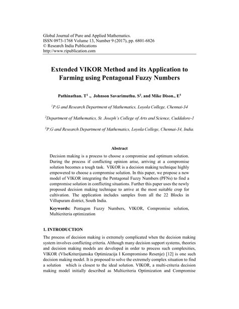 pdf extended vikor method and its application to farming using pentagonal fuzzy numbers