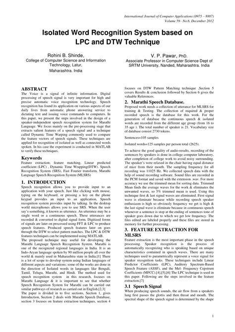 pdf isolated word recognition system based on lpc and dtw technique