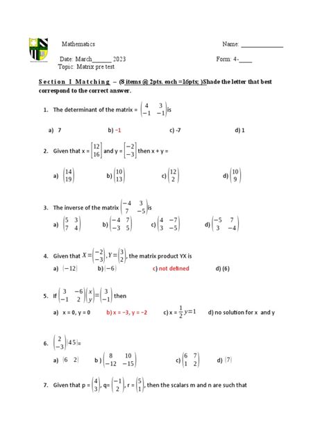 pretest matrix pdf mathematical objects functions and mappings