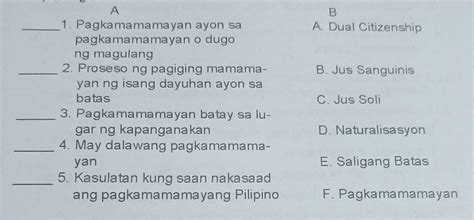 Pagtugmain Ang Mga Pahayag Sa Hanay A At Hanay B Isulat Ang Titik Sa