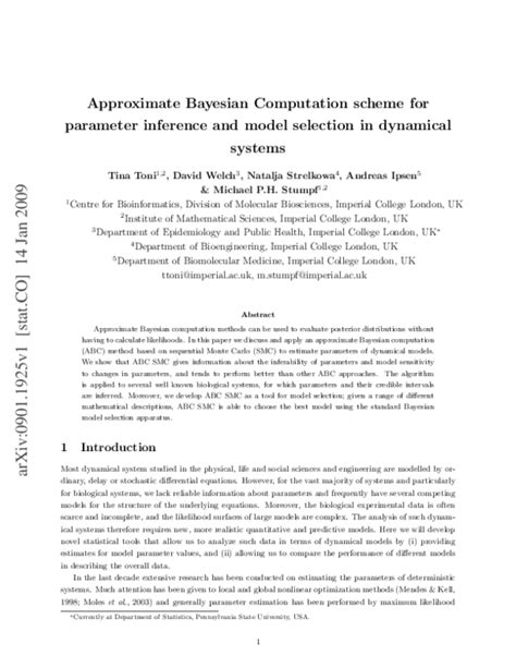 pdf approximate bayesian computation scheme for parameter inference and model selection in
