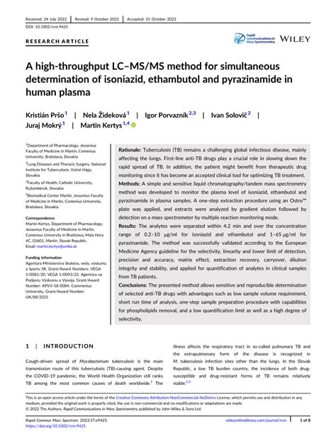 pdf a high‐throughput lc‐ms ms method for simultaneous determination of isoniazid ethambutol