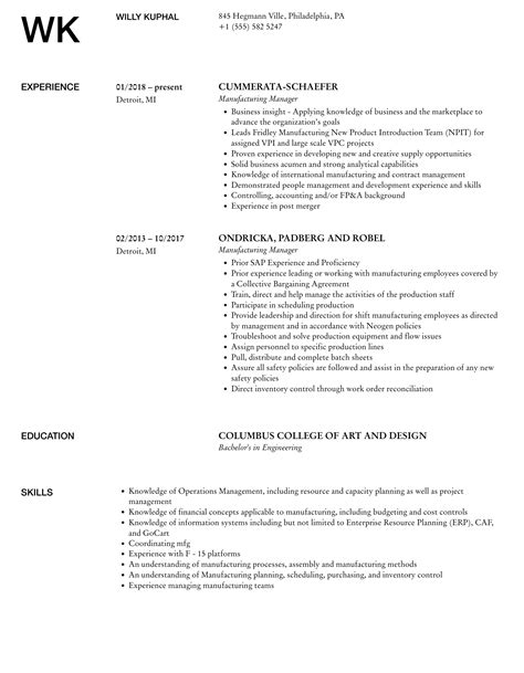 Manufacturing Manager Resume Samples Velvet Jobs
