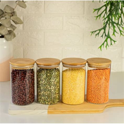 4 Potes Herméticos Tampa de Bambu 420ml Porta Mantimentos Alimentos