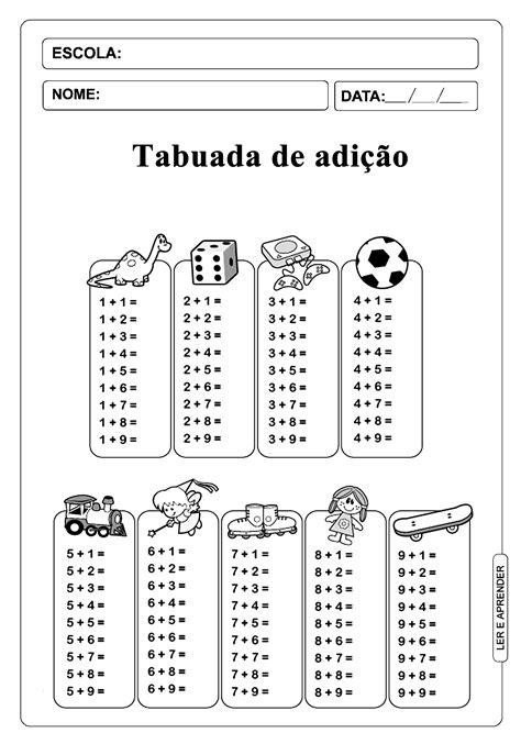 Tabuada de adição do 1 ao 9 para imprimir e completar