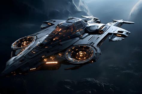 3D Rendering Of A Space Ship Floating In The Dark Space Premium AI