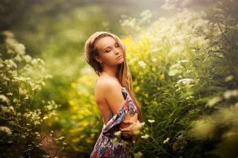 Wallpaper Sunlight Forest Women Model Blonde Flowers Closed