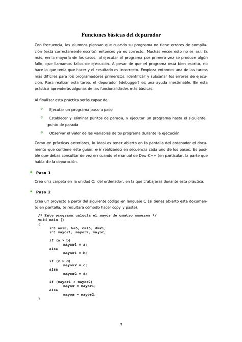 pdf de programación funciones básicas del depurador