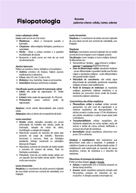 Cópia de resumos canva Pequeno resumo Fisiopatologia Lesão e