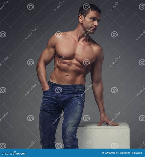 Shirtless Middle Age Man In A Jeans Stock Photo Image Of Macho