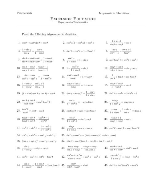 Proving Trigonometric Identities Worksheet With Answers Function