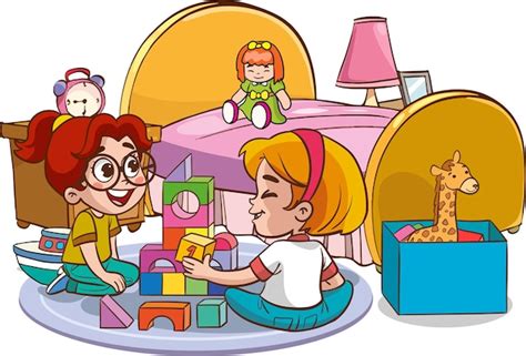 Ilustraciones vectoriales de niños lindos jugando en la habitación