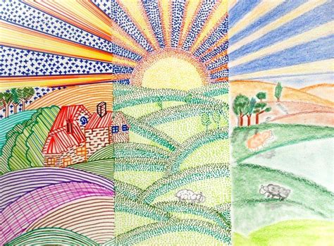 Un Dibujo De Un Paisaje Natural Y Coloreado Con Diferentes Tipos De