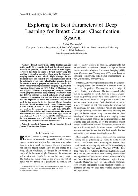 pdf exploring the best parameters of deep learning for breast cancer classification system