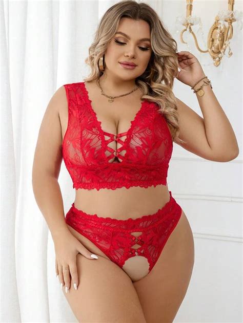 Set de lencería con encaje floral con tira cruzada sin entrepierna