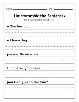 Unscramble 100 Simple Sentences 20 Worksheets For Grade 1 4 By 99