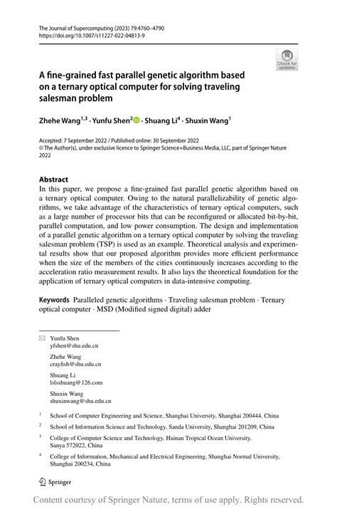 a fine grained fast parallel genetic algorithm based on a ternary optical computer for solving