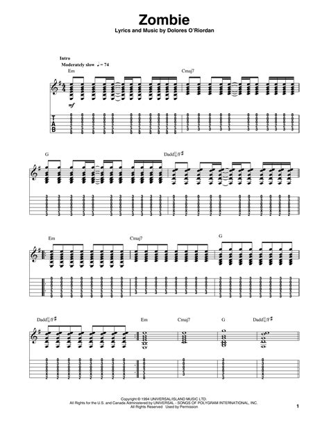 Zombie By The Cranberries Sheet Music For Guitar Tab Single Guitar At